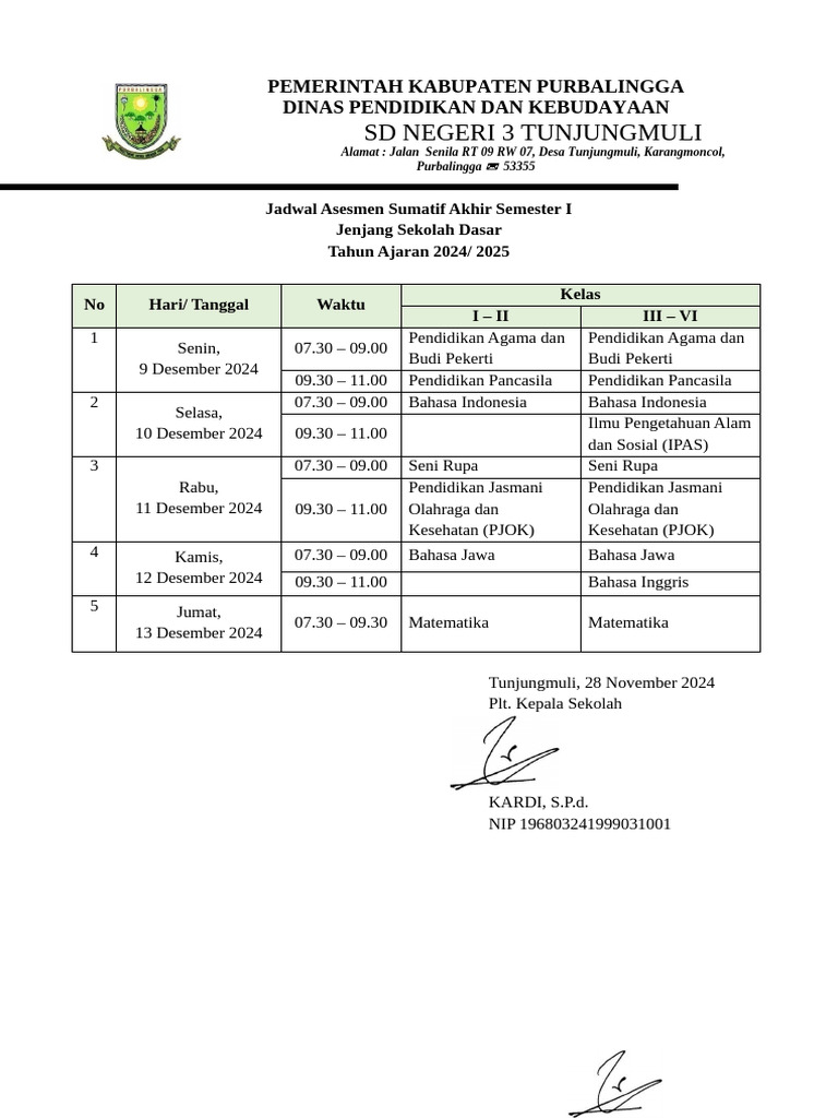 Jadwal Asas 1 Sdn 3 Tunjungmuli | PDF