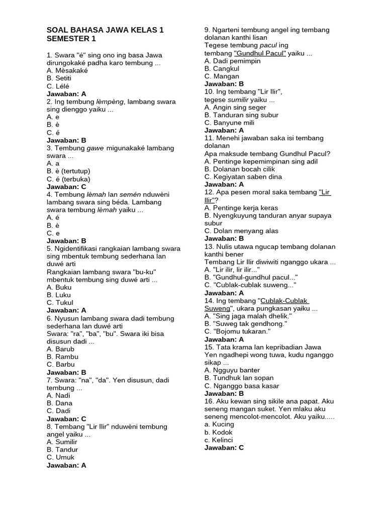 SOAL BAHASA JAWA KELAS 1 SEMESTER 1 BAG 1 | PDF