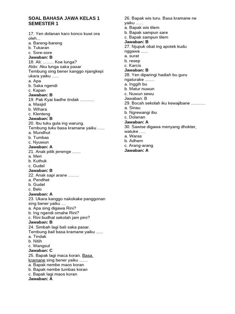 SOAL BAHASA JAWA KELAS 1 SEMESTER 1 BAG 2 | PDF