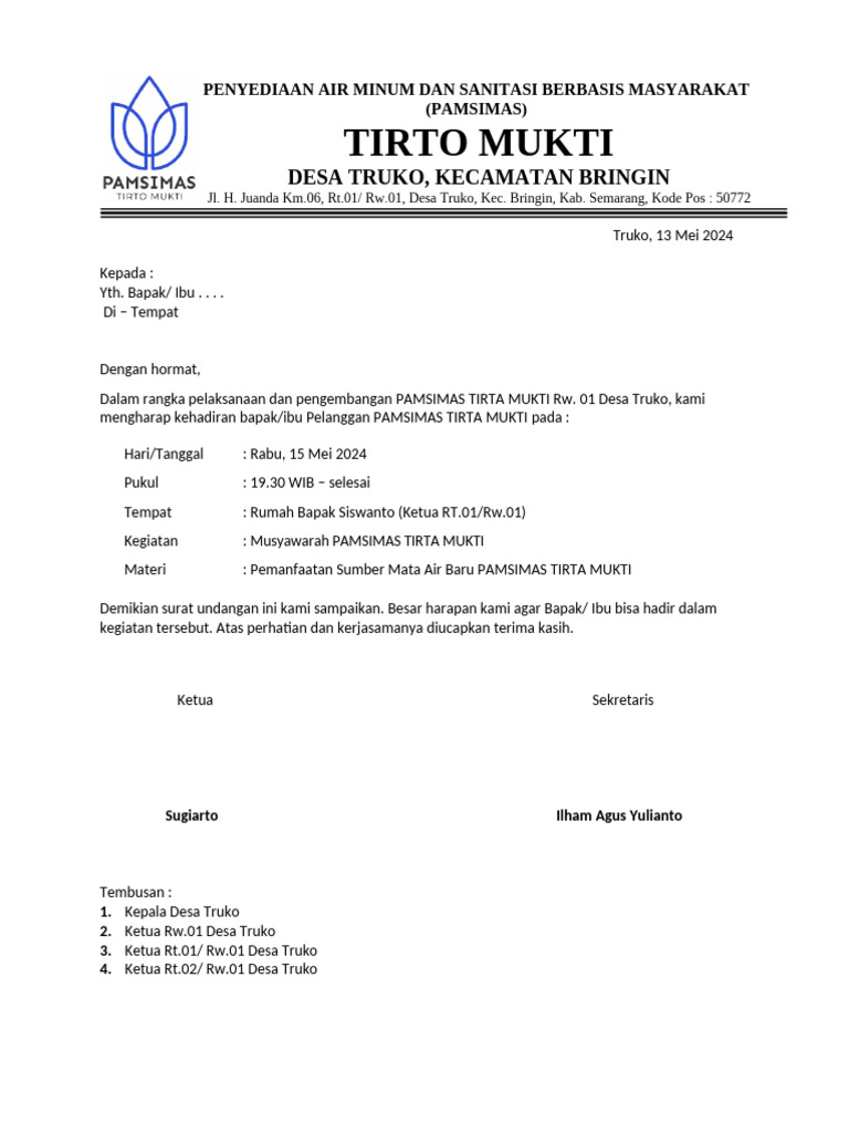 Undangan Rapat PAMSIMAS Mei 2024 | PDF