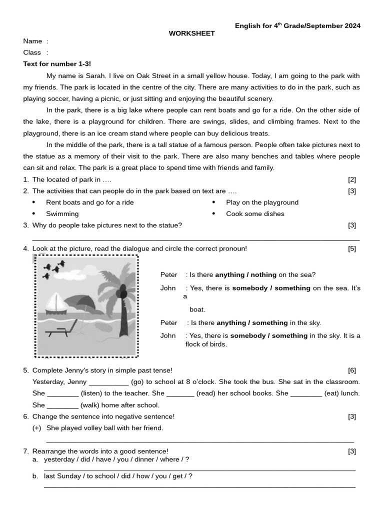 4th Grade English Worksheet Sept 2024 | PDF | Linguistics