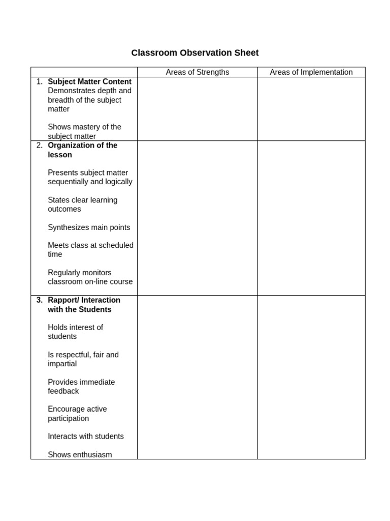 Classroom Observation Sheet | PDF | Classroom | Learning
