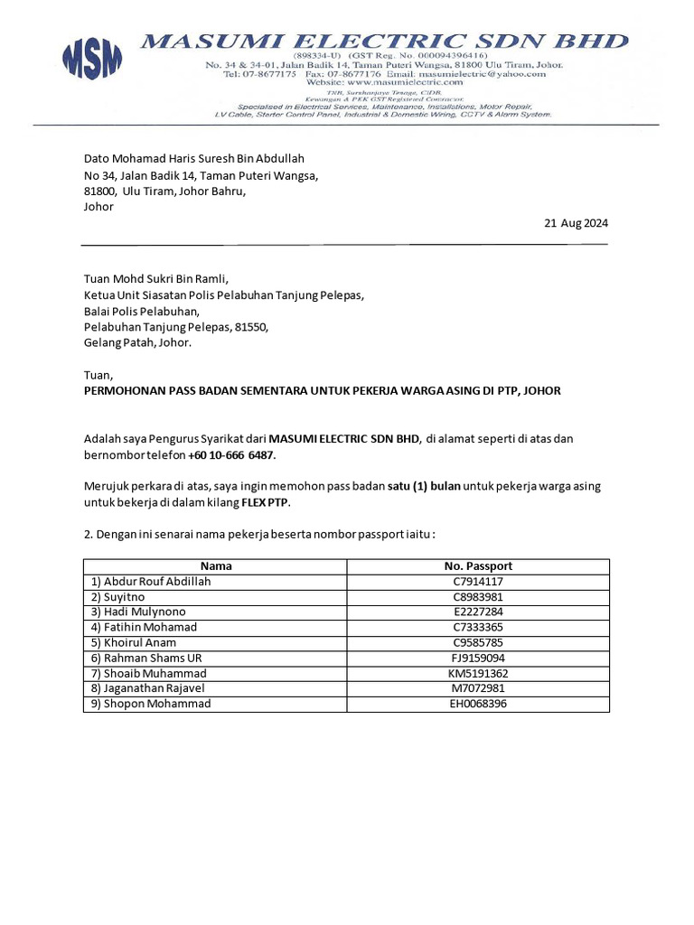 Permohonan Pass Badan Pekerja Asing PTP | PDF
