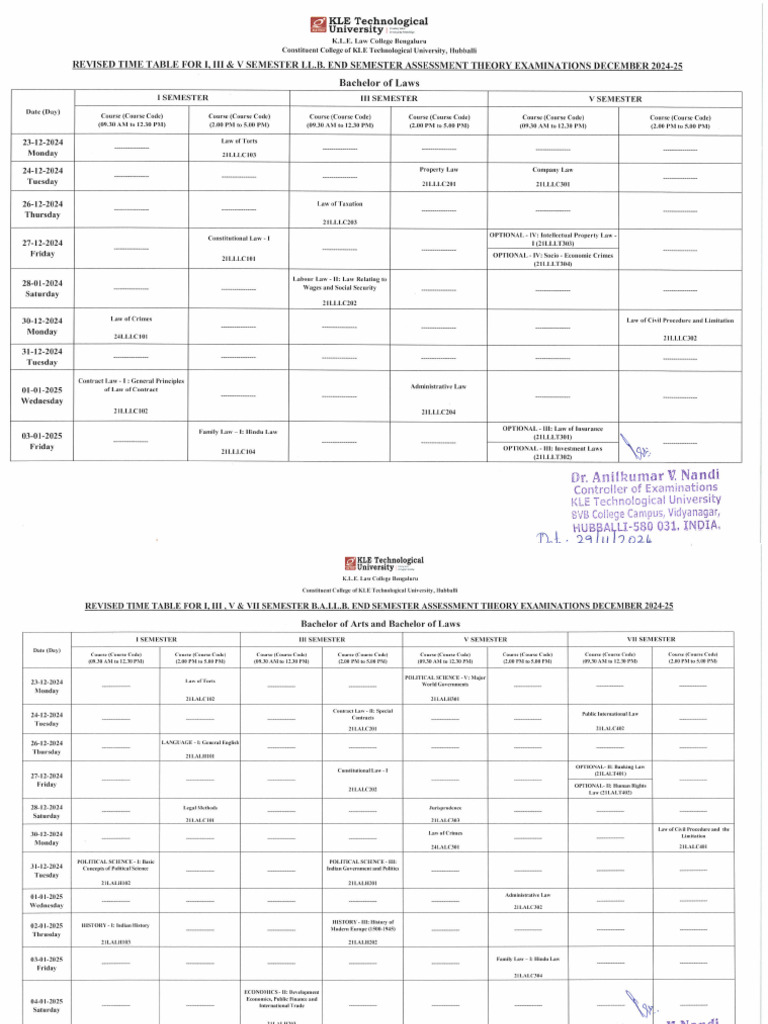 Revised LLB Odd Semester Time Table Dec-2024 - Jan-25 | PDF