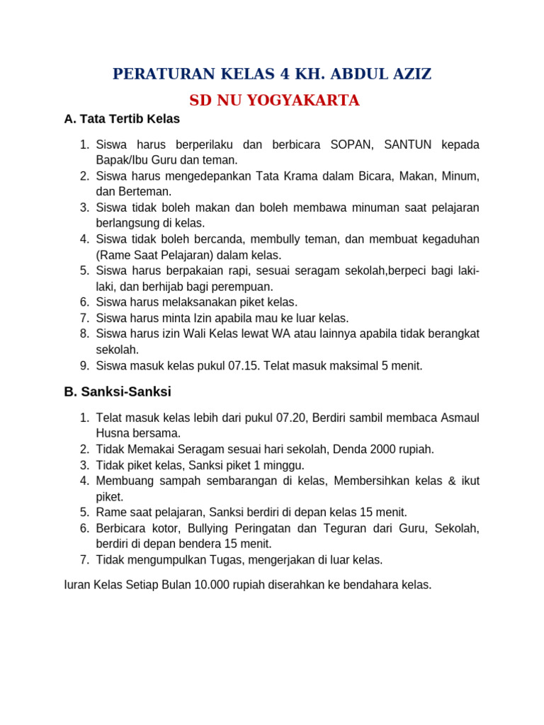 Peraturan Kelas 4c SD Nu Yogyakarta | PDF