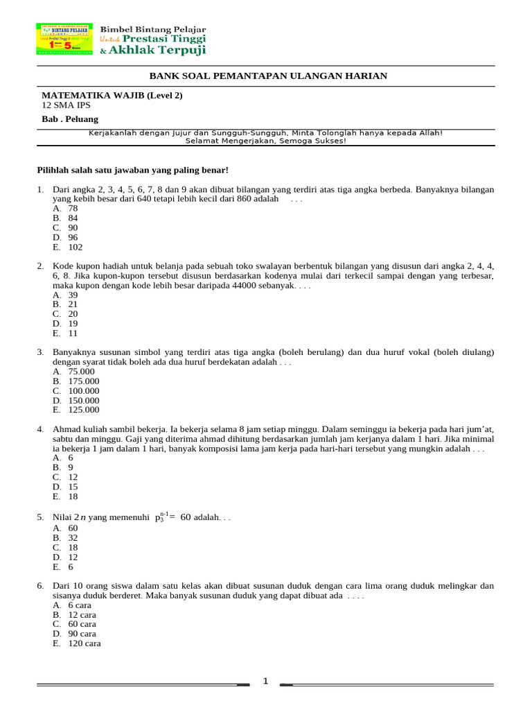 Bank Soal Matematika Wajib - 12 Sma Ips_bab. Peluang [Level 2] (Layout) (2) | PDF
