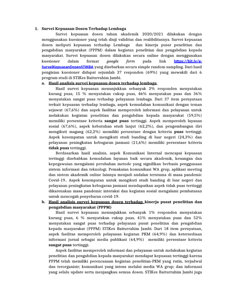 Hasil Analisis Survei Kepuasan Stikba Ta 2020-2021 | PDF