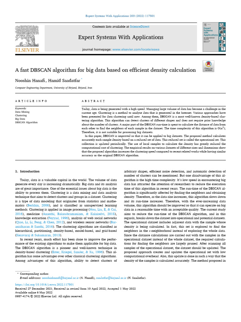 A Fast Dbscan Algorithm For Big Data Based On Efficient Density Pdf