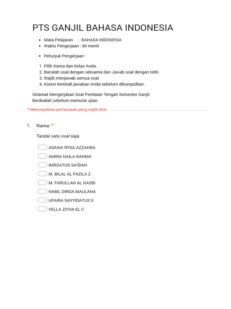 Pts Ganjil Bahasa Indonesia - Google Formulir | PDF