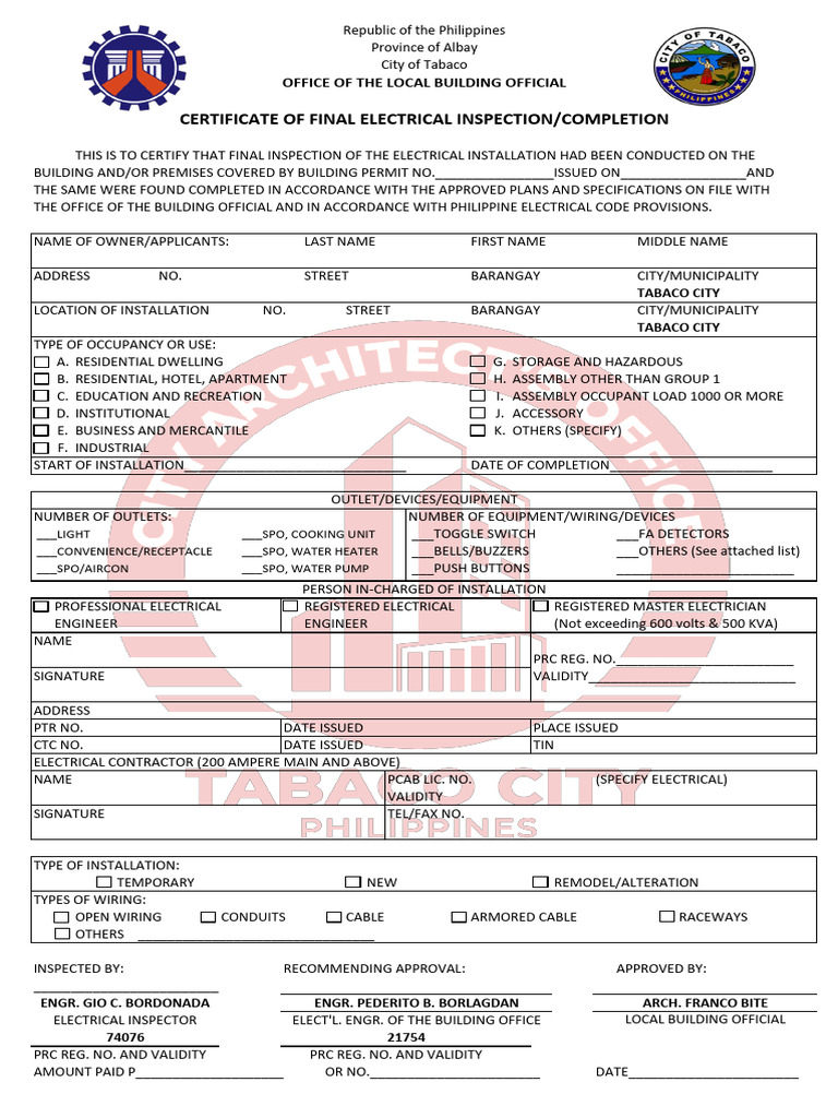 Certificate of Final Electrical Inspection | PDF | Electrical Wiring | Electrical Components
