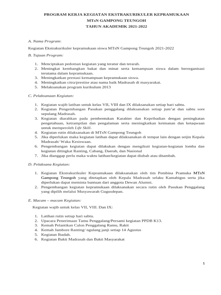Program Pramuka MTsN Gampong 2021-2022 | PDF