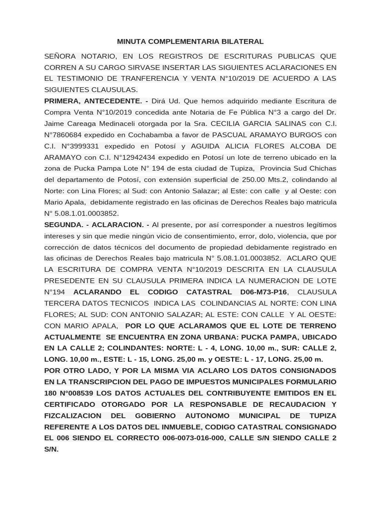 Minuta Complementaria Bilatera1 Pascual Aramayo - 043411 | PDF