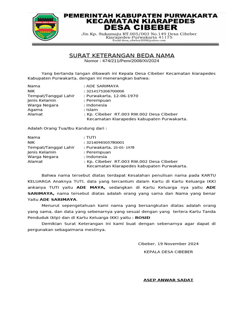 Keterangan Beda Nama | PDF