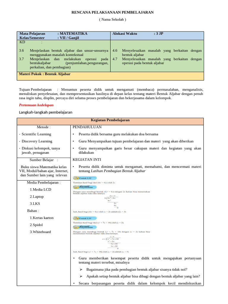 New - MTK 7. RPP Bentuk Aljabar 8 | PDF