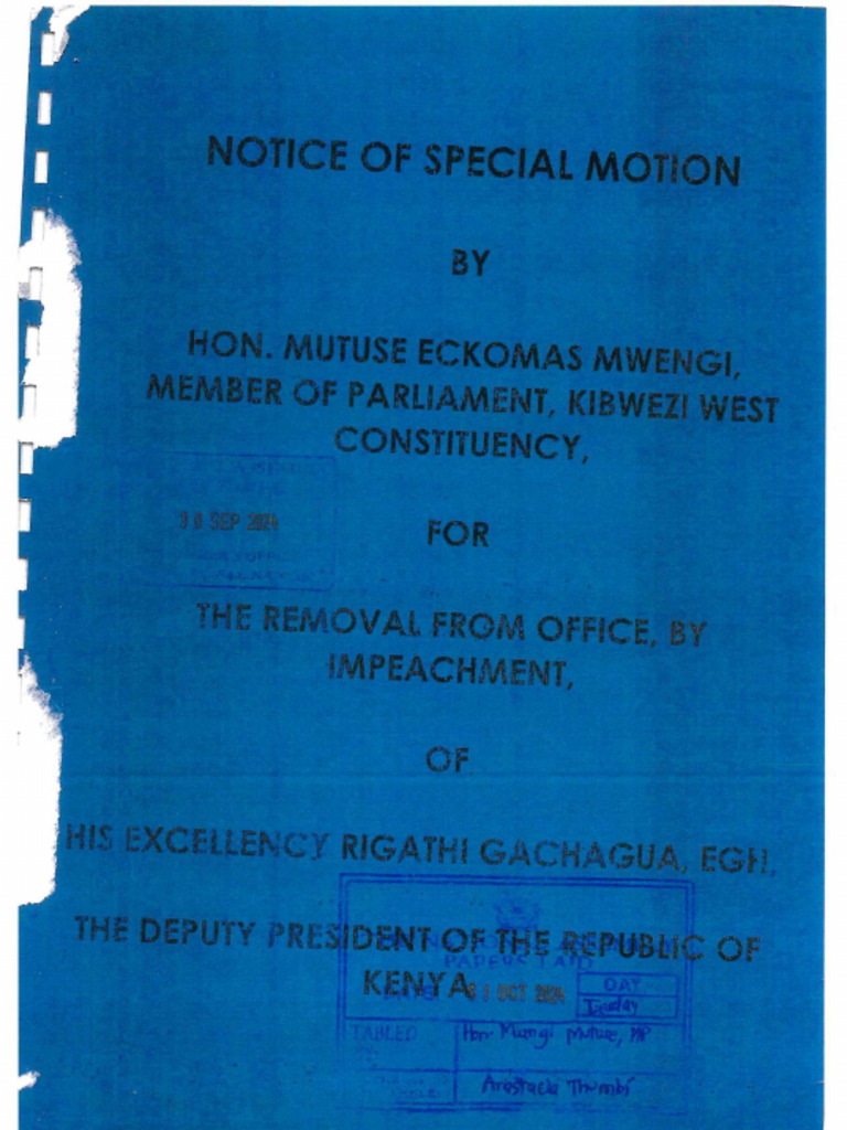 Notice of Special Motion on Impeachment of Deputy President by Hon ... Notice of Special Motion on Impeachment of Deputy President by Hon ...