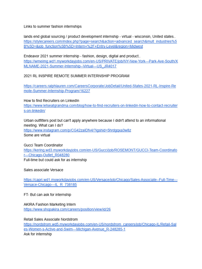 Possible Summer Internships | PDF | Clothing | Retailing