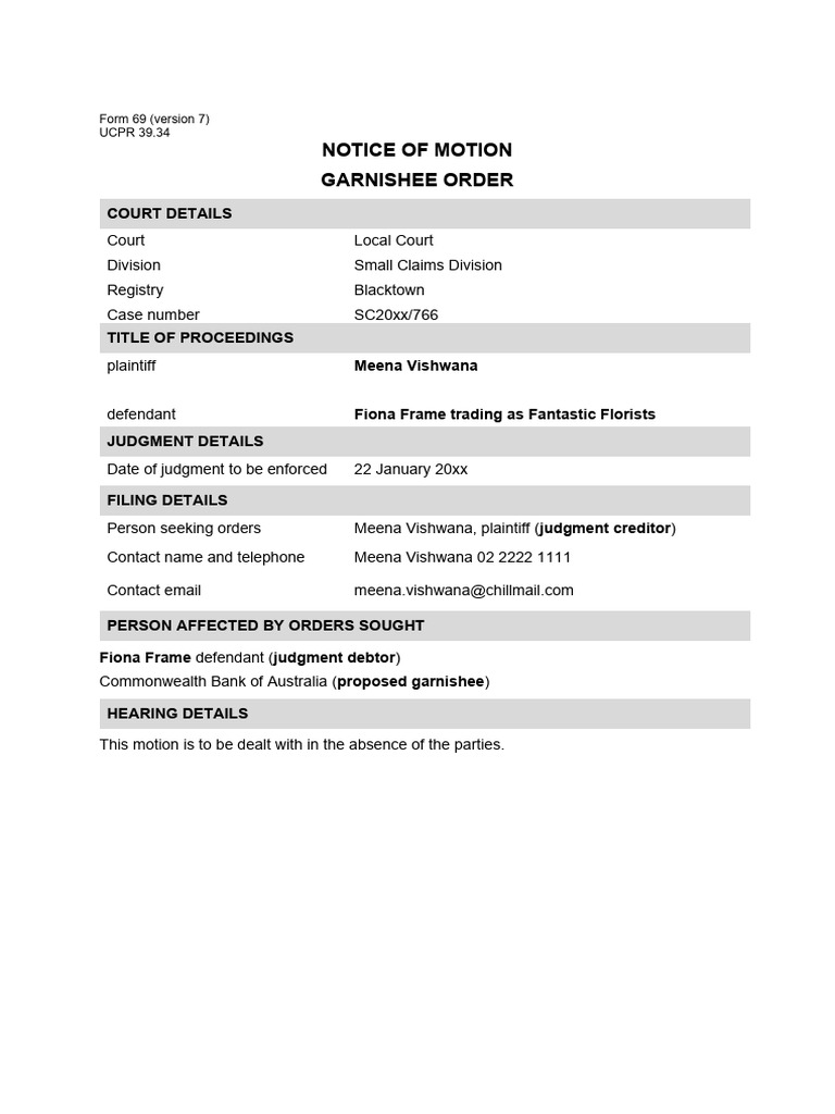 Sample - Notice of Motion - Garnishee Order For Debts | PDF | Judgment ...