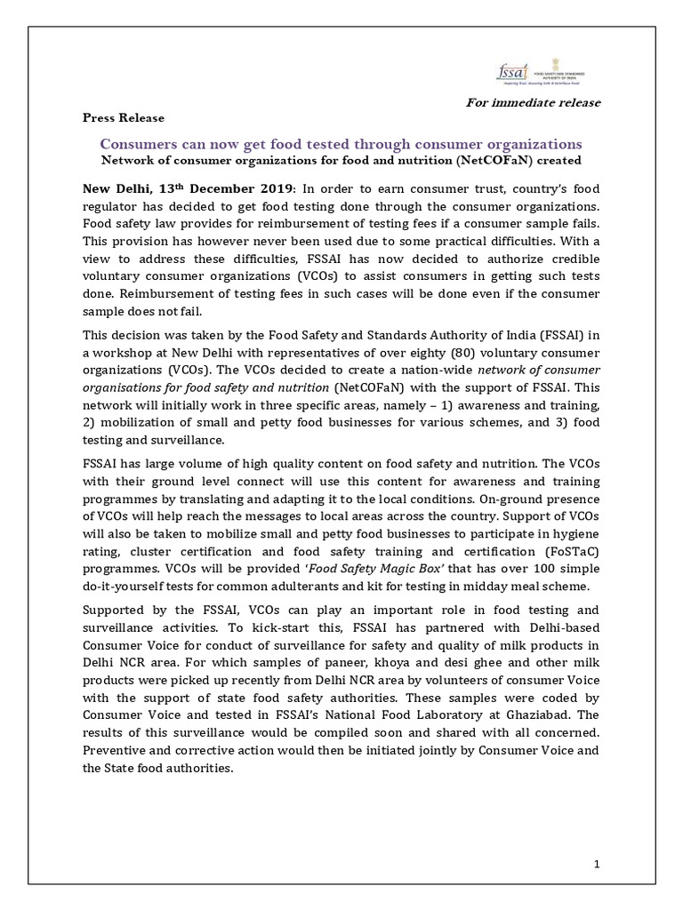 Fss Act Consumer Pdf Food Safety Food Politics