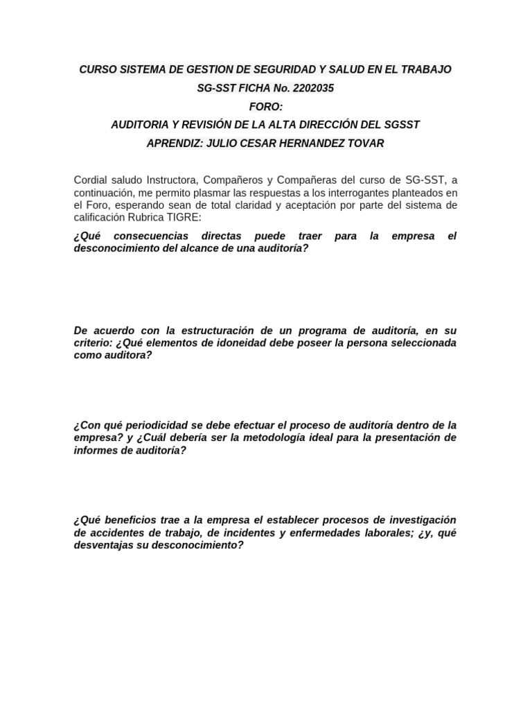 FORO - Auditoria y revisión de la alta dirección del SGSST | PDF FORO - Auditoria y revisión de la alta dirección del SGSST | PDF