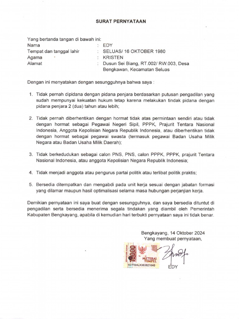 Surat Pernyataan Edy | PDF