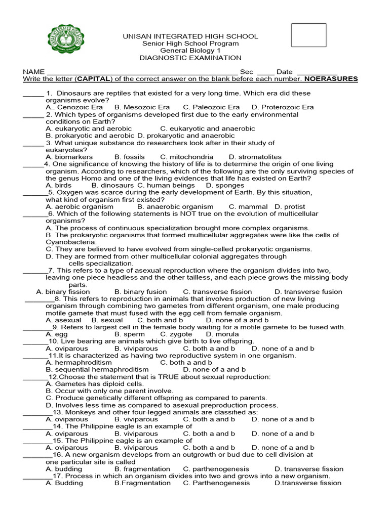 Diagnosticpost Test Bio Pdf Sexual Reproduction Cell Biology