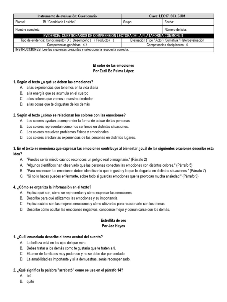 CUESTIONARIOS DE COMPRENSIÓN LECTORA 1 | PDF | Dormir | El plastico