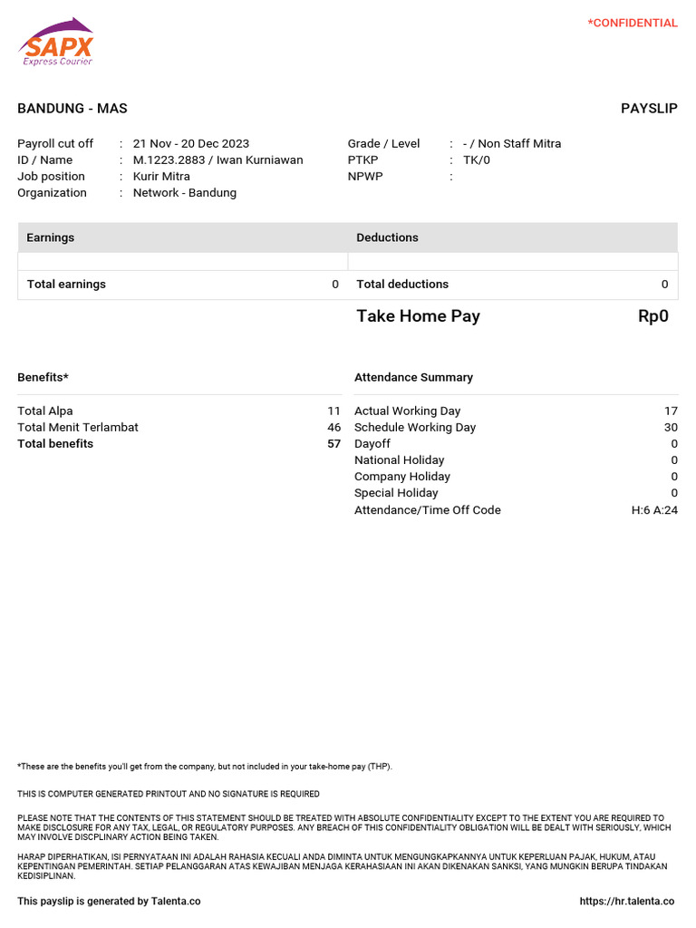 Talenta Payslip BANDUNG MAS Des 2023 Iwan Kurniawan | PDF | Payments | Expense