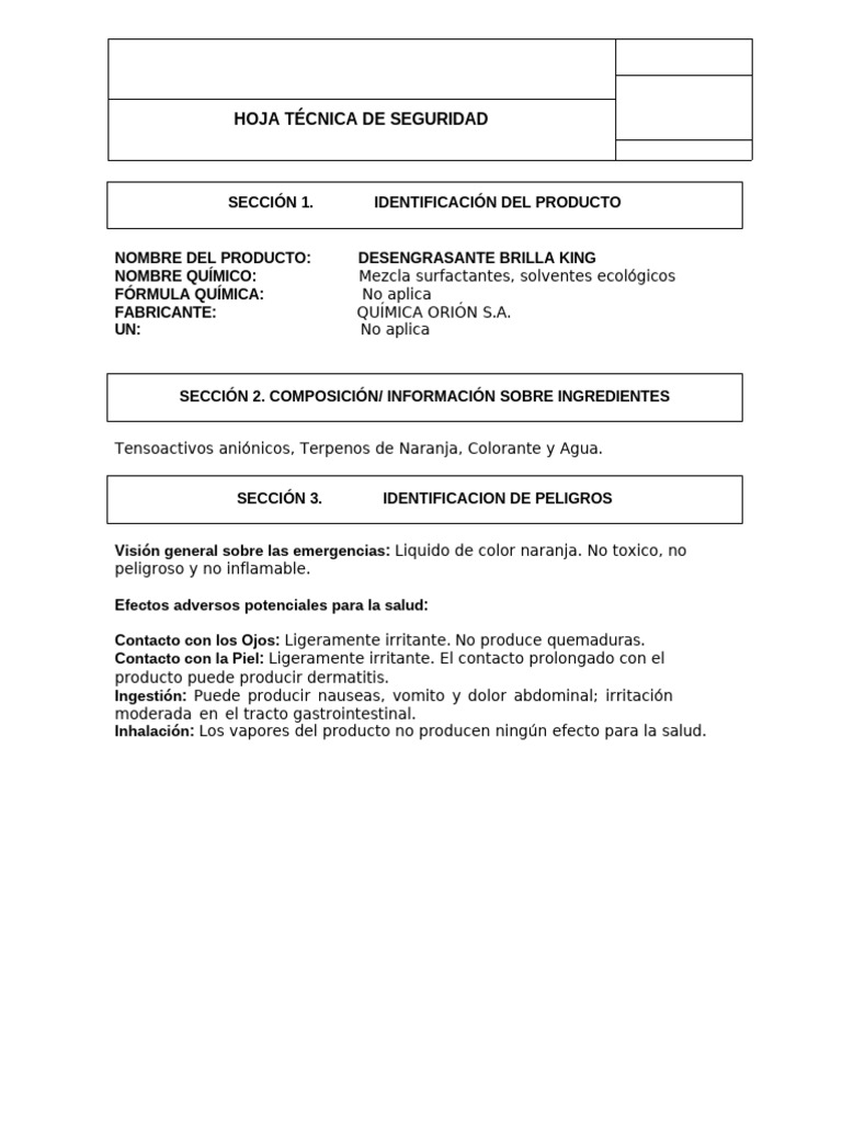 Hoja Técnica Desengrasante Brilla King | PDF | Agua | Sal (química)