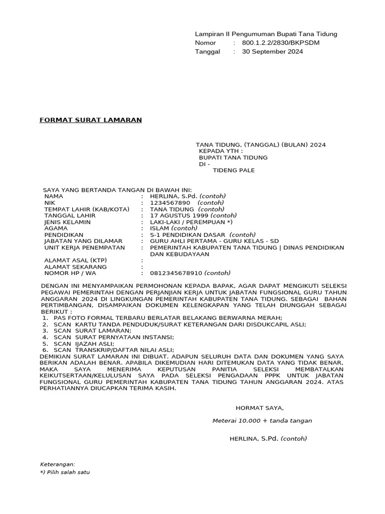 Format Lamaran Dan Surat Pernyataan PPPK GURU 2024 | PDF