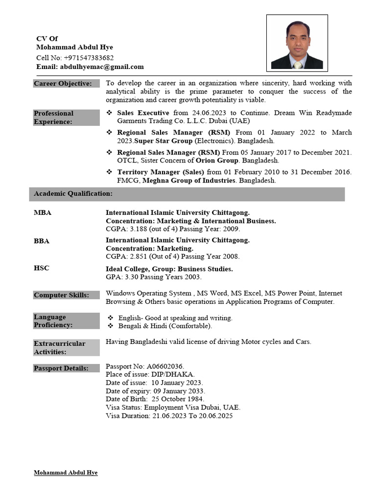 CV Md. Abdul Hye With Picture | PDF