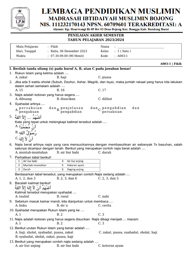 Soal - TP. 2023 - 2024 - A003-1 - Fikih - Kelas 1 - Madrasah Ibtidaiyah Muslimin Bojong | PDF