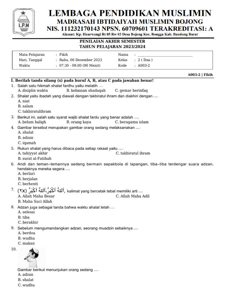 Soal - TP. 2023 - 2024 - A003-2 - Fikih - Kelas 2 - Madrasah Ibtidaiyah Muslimin Bojong | PDF