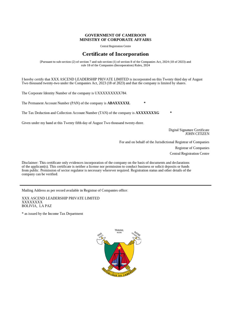 Cameroon Certificate of Registration Word and PDF Template | PDF