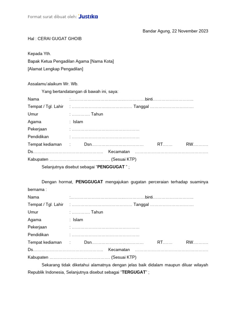 SURAT GUGATAN CERAI GHAIB salam | PDF