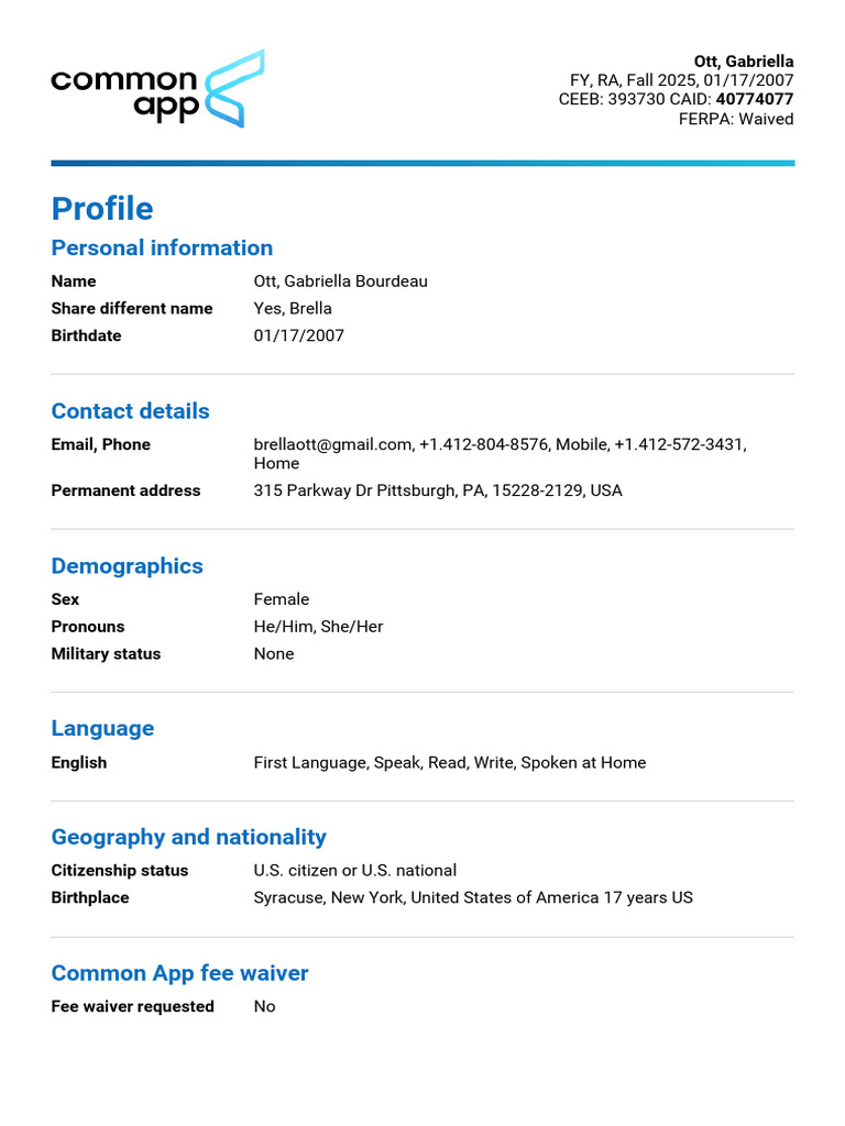 Gabriella Ott's College Application Profile | PDF
