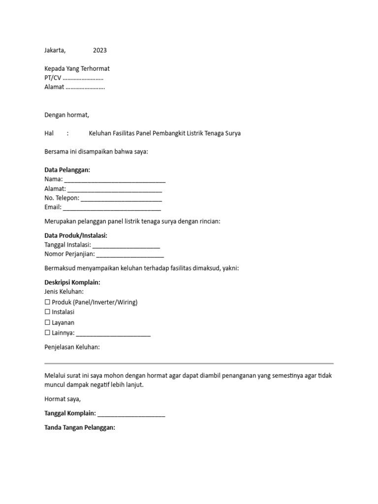 Contoh SRT Penyampaian Komplain Keluhan Panel Listrik Tenaga Surya | PDF