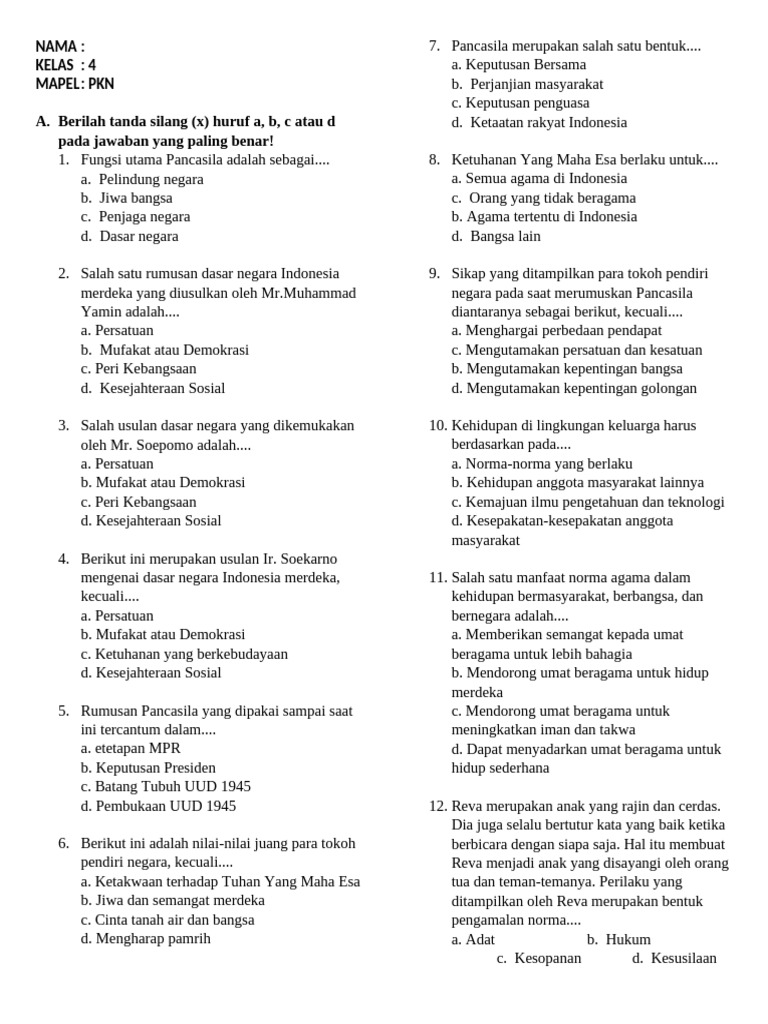 Soal STS 1 PPKN Kelas 4 | PDF