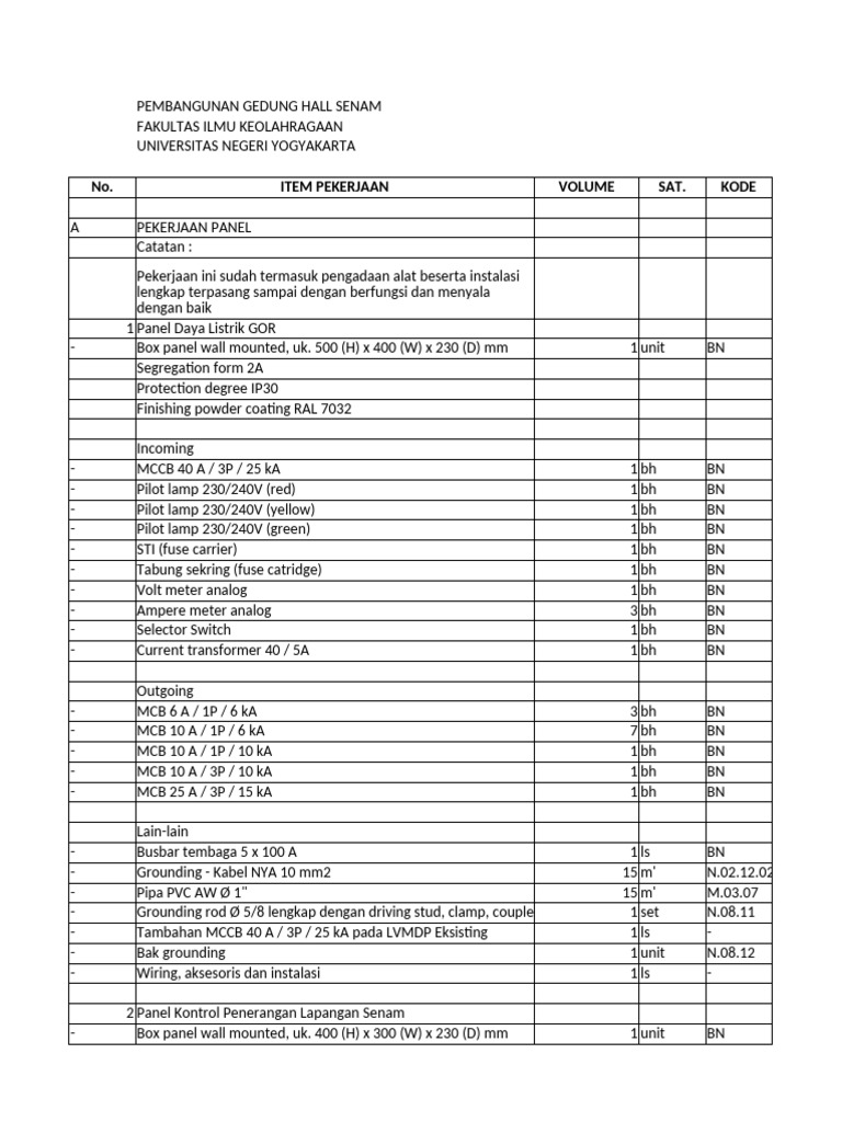 RAB-pembangunan-gedung-hall-senam-FIK UNY_ME Subkon | PDF