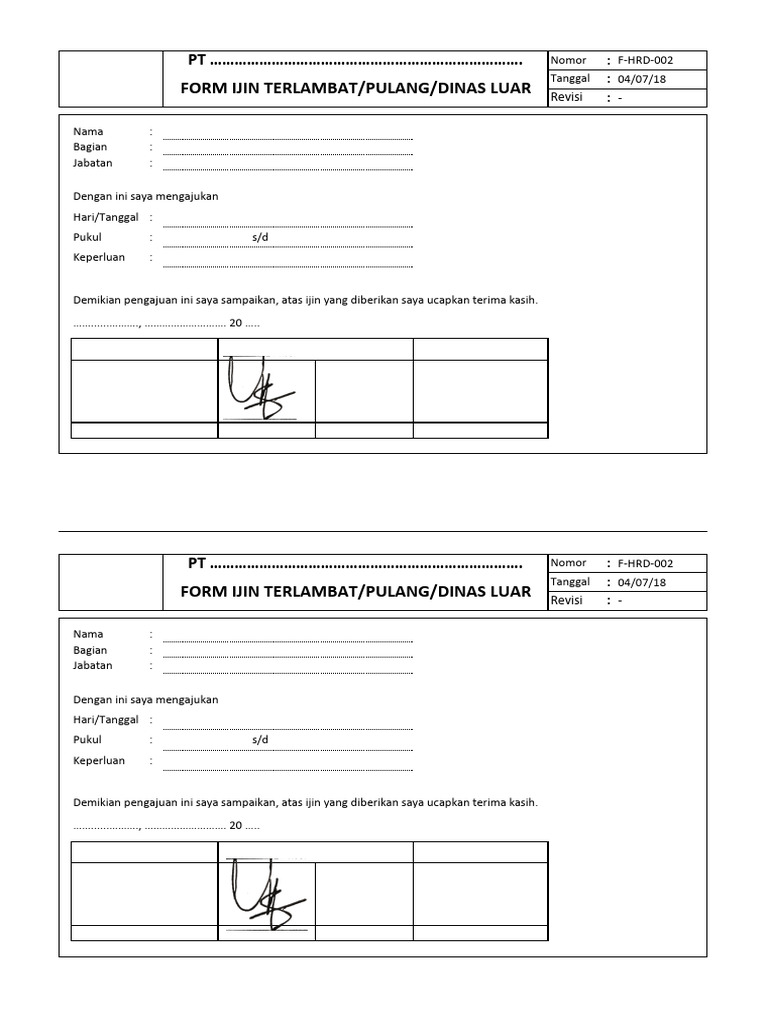 Form Ijin Terlambat, Pulang Cepat, Dinas Luar New-1 | PDF