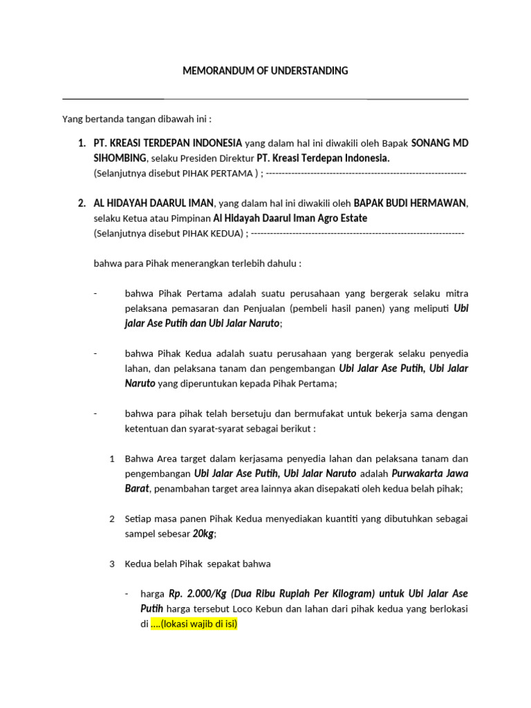 Draft MOU ASE PUTIH NARUTO KTI-ALHIDAYAH AGRO ESTATE (rev4) | PDF