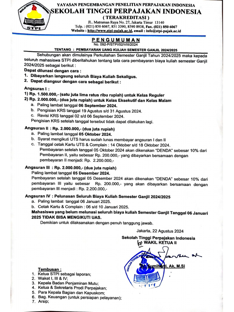 Pembayaran Uang Kuliah Semester Ganjil 2024-2025 | PDF
