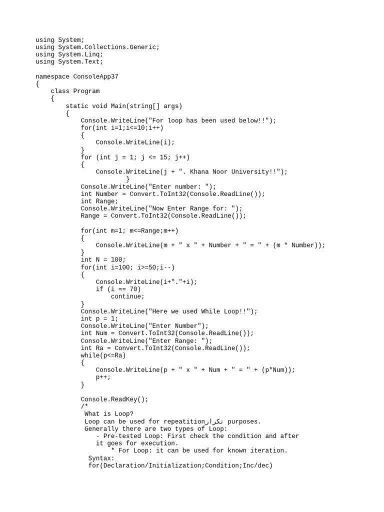 Khana Noor C# Class Loop | PDF | C Sharp (Programming Language ... Khana Noor C# Class Loop | PDF | C Sharp (Programming Language ...