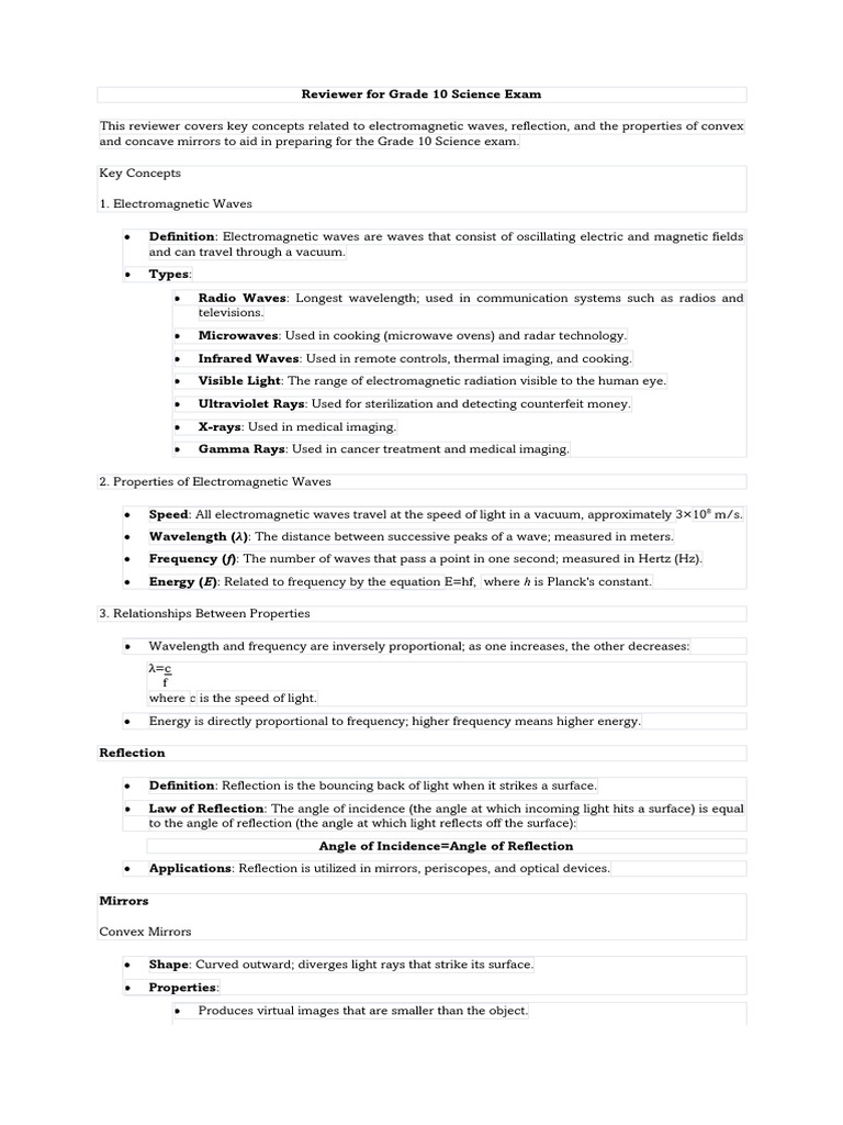 Grade 10 Science Exam Reviewer: Waves & Mirrors | PDF | Electromagnetic ...
