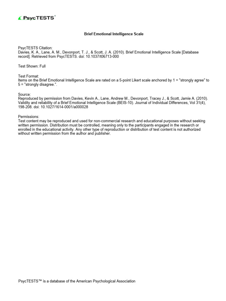 Brief Emotional Intelligence Scale PDF | PDF | Cognitive Science ...
