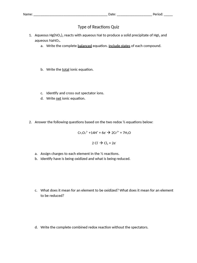 Type of Reactions Quiz | PDF