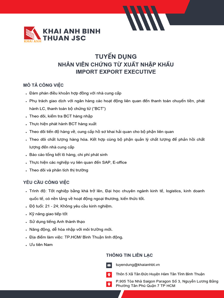 JD Nhân Viên CH NG T XNK | PDF