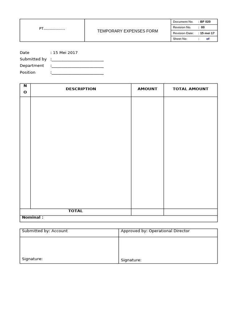 BF 020-Temporary Expenses Form, Rev.0 | PDF
