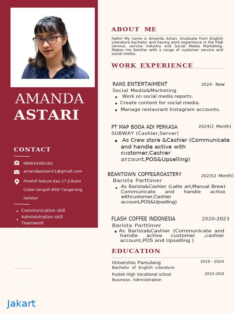 CV AMANDA ASTARI 2024 | PDF | Food And Drink Preparation | Coffee