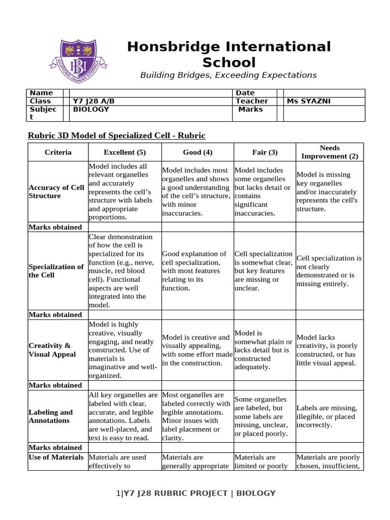 Y7 J28 Rubric for Project | PDF | Accuracy And Precision | Rubric (Academic)