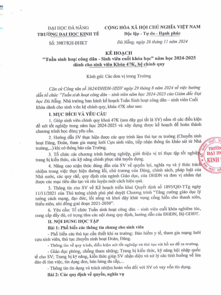 3987.202411.ke Hoach Tuan SHCD SV Cuoi Khoa Nam Hoc 2024 2025 | PDF